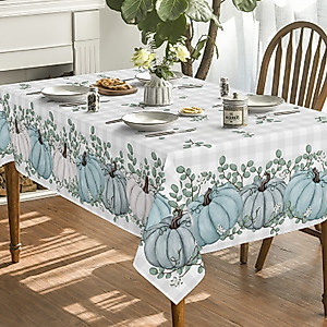 Horaldaily Fall Tablecloth 60x84 Inch Rectangular, Thanksgiving Autumn Harvest Blue Pumpkin Buffalo Plaid Table Cover for Party Picnic Dinner Decor