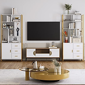 finetones Gold Bookshelf with 3 Drawers, 71.2” Tall Bookshelf White and Gold Bookshelf with Sturdy Metal Frame, Gold Shelf Etagere Standard Book Shelf Display Shelf for Home Office