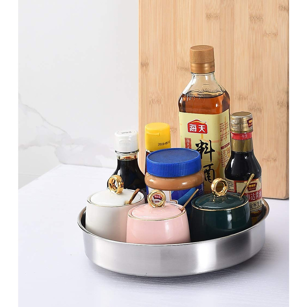 Lazy Susan Turntable Spice Rack Kitchen Cabinet Organizer Stainless Steel Spinning Storage Container Organization Tray for Corner Cabinets, Pantry, Tabletop, Shelf, Countertop (12")