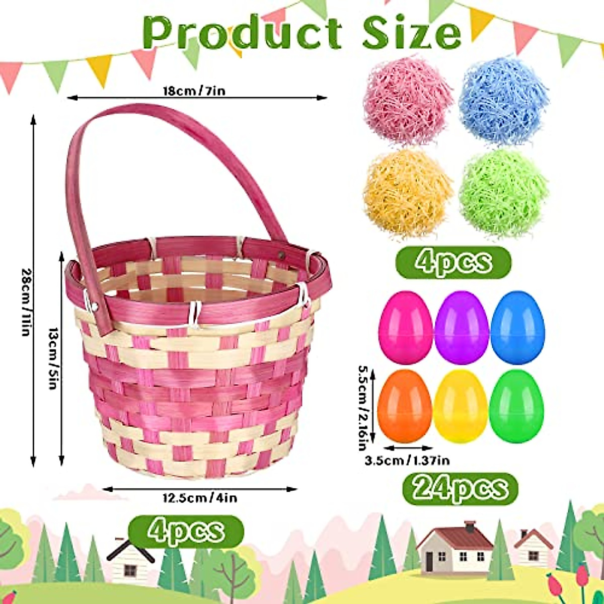 4 Set Large Easter Basket Bulk with 24 Pcs Easter Eggs, Handle Round Bamboo Woven Basket with Plastic Easter Eggs and 4 Pcs Colored Raffia Grass for Kids Baby Easter Bunny Party Supplies