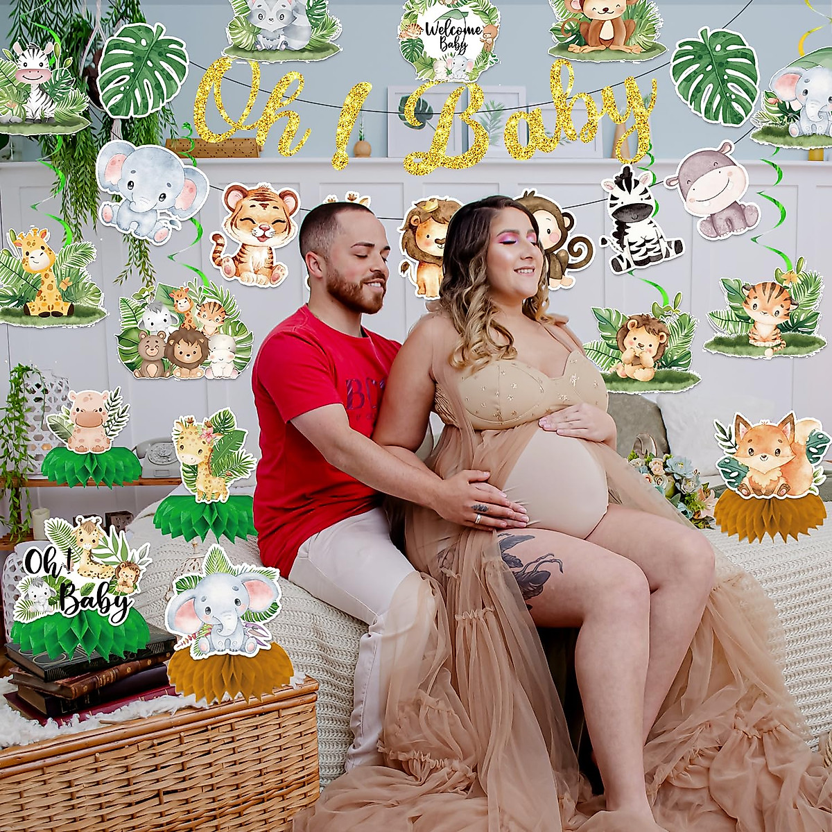 LARRAZABAL Jungle Wild Animal Baby Shower Decorations, NO-DIY Animals Banner, Hanging Swirls and Honeycomb Centerpieces, Wild Safari Baby Shower Decorations