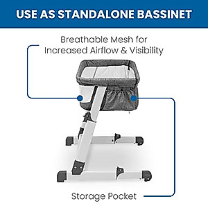 Delta Children Simmons Kids Dream Bedside Bassinet with Zip-Down Side Wall – Convenient Baby Sleeper with Breathable Mesh and Adjustable Heights - Lightweight Portable Crib, Grey