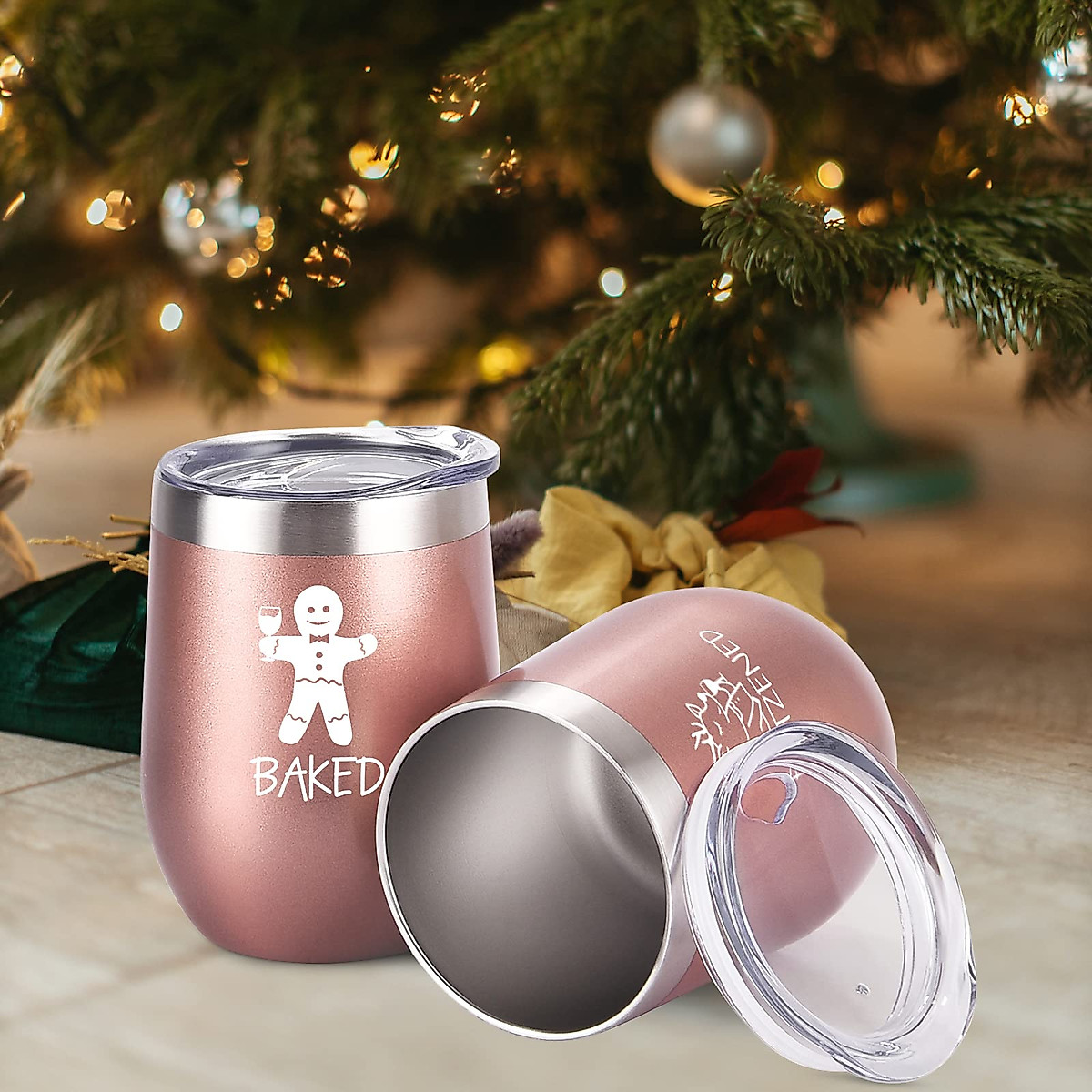 Qtencas Christmas Funny Wine Tumbler Set, 12 Oz Stainless Steel Wine Tumbler with Spoon for Women Friends Sisters Men, Gift Idea for Christmas Xmas Wedding Party, 4 Pack, Rose Gold