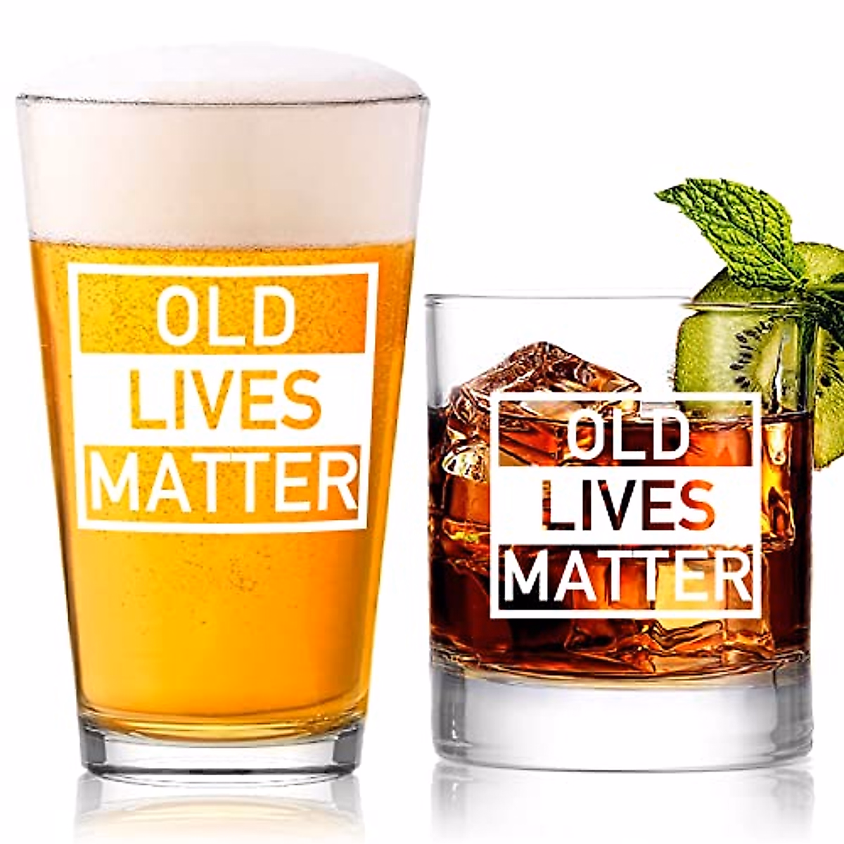 Vivimee Old Lives Matter Beer Glasses & Whiskey Scotch Glasses, Funny Retirement or Birthday Gifts for Dad, Grandpa, Old Man, or Senior Citizen, Gift for Men, Gag Gifts for Men, Mens Gifts
