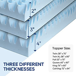 2 Inch 7-Zone Memory Foam Mattress Topper Queen with Bamboo Cover, Cooling Gel-Infused Swirl Egg Crate Memory Foam, Standard 100 by Oeko-TEX Certified, Blue