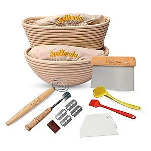 Set of 2 Banneton Bread Proofing Basket 9” Round, 10” Oval with Maximum 9 Bread Making Tools and Supplies by SMILLWALA Proofing Baskets for Sourdough Bread Baking Supplies Kit (Oval and Round)