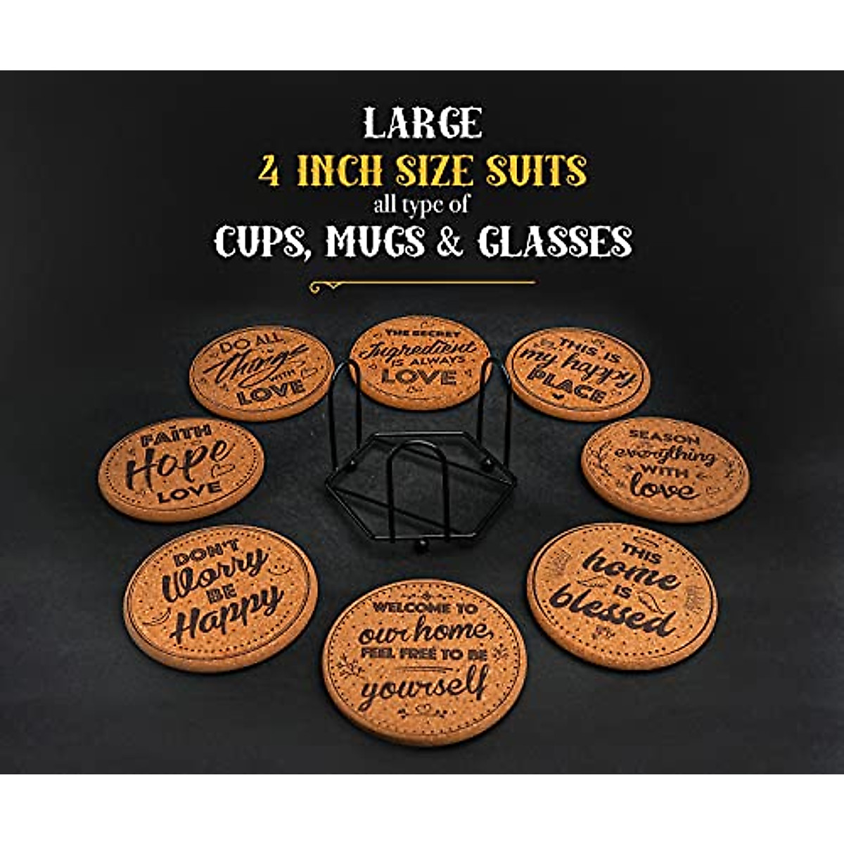 Coasterlux Cork Coasters for Drinks Absorbent with Holder - Cute & Funny Set of 8 Large Round Outdoor Cup Coasters for Wooden Table Protection, Coffee Trivet, Cups and Mugs - Cool Drink Coaster Gift