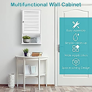 COSTWAY Bathroom Wall Cabinet, Large Capacity Storage Cupboard Cabinet w/Single Louver Door & Height Adjustable Shelf, Wood Wall Mounted Medicine Cabinet for Bathroom, Living Room, Kitchen (White)