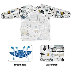 Bolaz Painting Smocks for Kids 2-4 Art Smocks Eating with Pockets Childish Truck Excavator Waterproof Long Sleeve Toddler Infant Children Apron