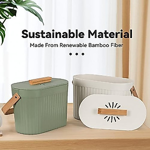 Odorless Counter Top Compost Bucket with Lid - Yatmung Small Kitchen Compost Bin Countertop - Narrow Sustainable Bamboo Composting Pail - Indoor Composter - Slim Food Waste Bin for Kitchen - Cream