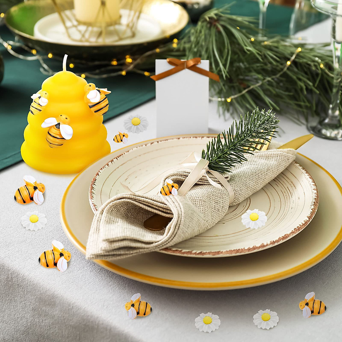 Amyhill 96 Pcs Beeswax Baby Shower Candles Set Includes 24 Pcs Beehive Votive Candles, 48 Pcs Little Resin Fake Bees, 24 Pcs White Daisy Flower Bee Themed Gift for Home Shower Party Favors Decor