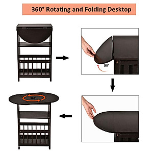 GIODIR Folding Side End Table Wood Magazine Rack, Storage Accent Table, Nightstand with Rotating Tabletop for Living Room, Bedroom, Home Office (Coffee)