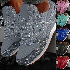 Women's Fashion Casual Breathable Crystal Bling Lace Up Sport Shoes Sneakers for Women Glitter Tennis Sneakers Comfy Sparkly Rhinestone Bling Running Shoes Shiny Sequin Flat Shoes Sky Blue