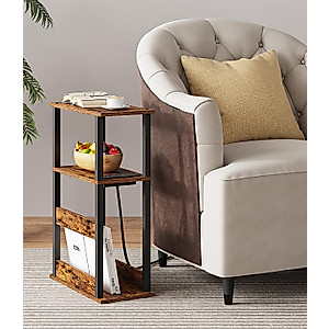 VIMBER 2-Set of 7.8" Narrow Side Table for Small Spaces, Skinny End Table with Charging Station, Sofa Beside Table with Storage Shelf, Slim Nightstand with USB Ports Outlet, Rustic and Brown