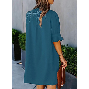 Wkior Summer Dress for Women Short Sleeve Solid Color Loose Swing Elegant Dress Indigo L