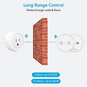 LoraTap Mini Remote Control Outlet Plug Adapter with Remote, 656ft Range Wireless Light Switch for Household Appliances, No Hub Required, 10A/1100W, White, 2 Years Warranty