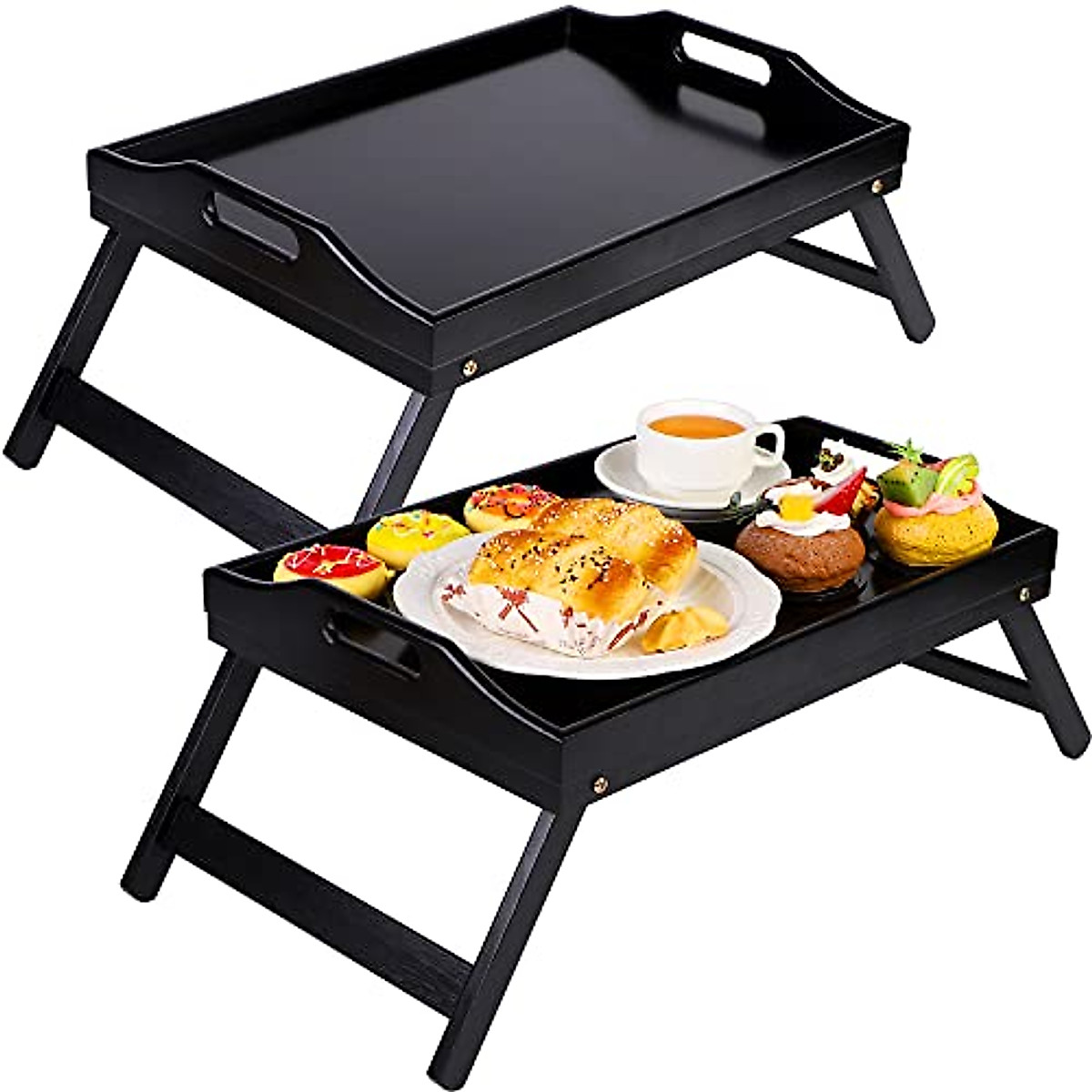 Kochorie 2 Packs Bed Tray Table Bamboo Breakfast Tray with Folding Legs Kids Serving Platters Tray Lap Desk Snack Tray for Bed Sofa Eating Working (15.8 x 11 x 6.9 Inches, Black)
