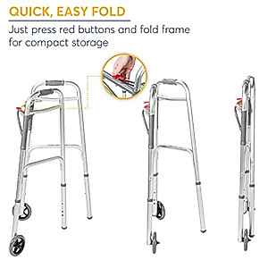 Drive Medical 10210-1 2-Button Folding Walker with Wheels, Rolling Walker, Front Wheel Walker, Lightweight Walkers for Seniors and Adults Weighing Up To 350 Pounds, Adjustable Height, Silver