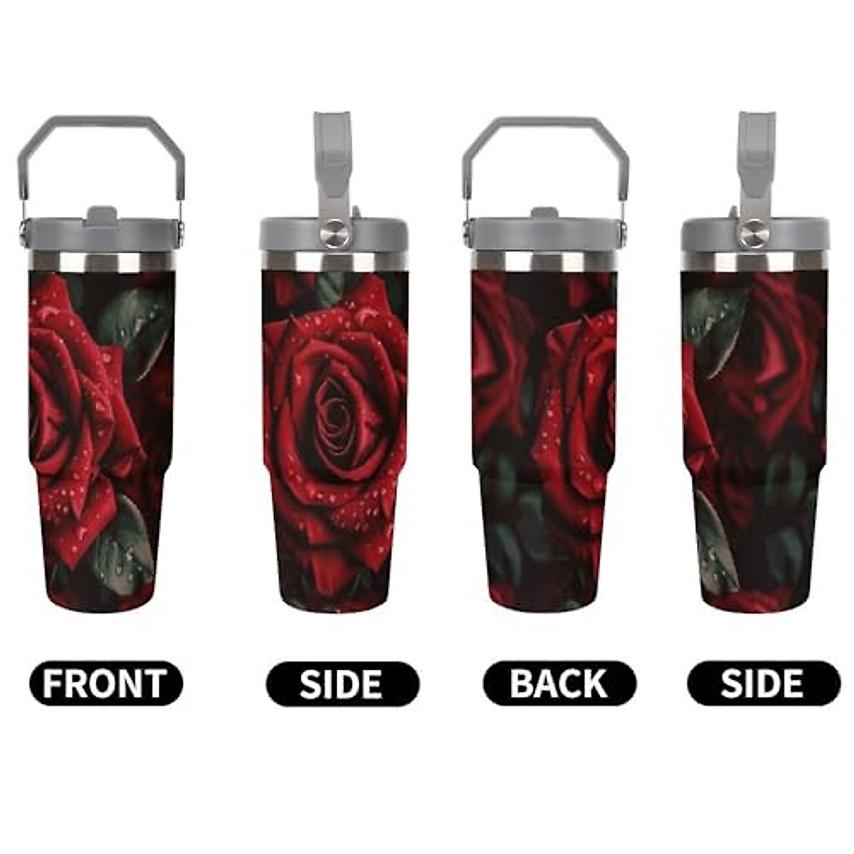 RTFGHJS Red Rose 30 Oz Tumbler with Handle And Flip Straw, Stainless Steel Vacuum Insulated Travel Mug, Thermal Cup for Coffee, Water, Iced Drinks, Fits Car Cup Holders (Home, Sports)