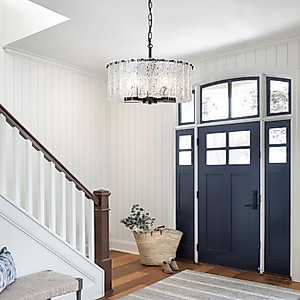 CWarmozy 19.7'' Luxury Black Chandelier for Dining Room 5-Light Modern Crystal Chandeliers Water Ripple Glass Light Fixture Elegant Ceiling Hanging Light for Kitchen Island Bedroom Living Room