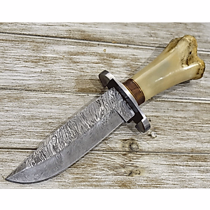 SHOKUNIN USA DAMASCUS HUNTING KNIFE, Forged Custom Bowie knife, 12.0",Hand Made, personalized camping knife, bone handle, hand stitched leather sheath knife