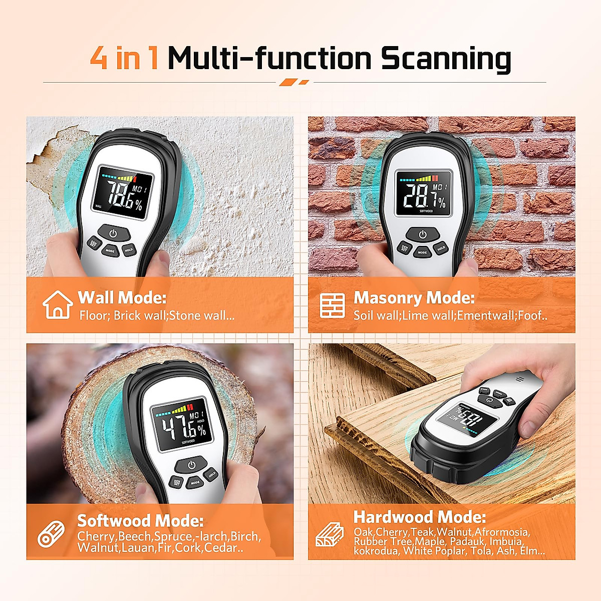 Pinless Wood Moisture Meter Detection - Firewood Moisture Meter Digital Moisture Detector for Lumber Drywall Firewood Masonry Woodworking Plaster Floor Concrete Building with LCD Display Sound Alarm