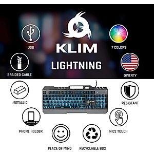 Klim Lightning Semi Mechanical Gaming Keyboard + 7 LED Colors + Metal Frame + Compatible with PC Mac PS4 ps5 Xbox One + Wired Hybrid Keyboard (Renewed)
