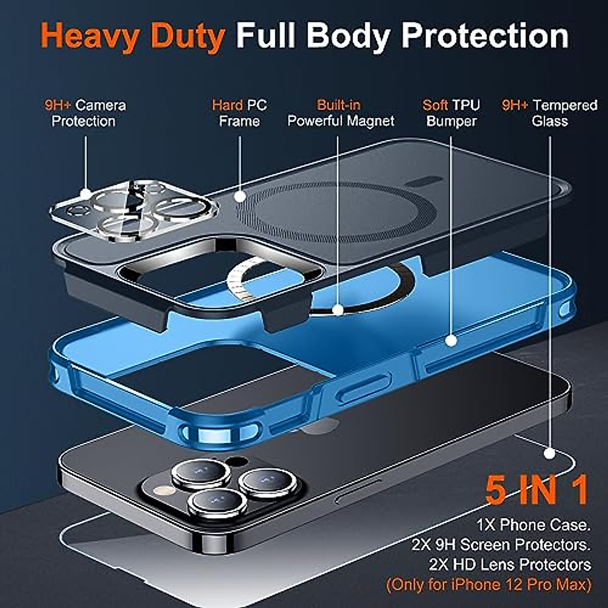 SUPFINE Magnetic for iPhone 12 Pro Max Case (Compatible with MagSafe) (12 FT Military Grade Drop Protection) 2X(Tempered Glass Screen Protector and Camera Lens Protector) Non-Slip Case, Deep Blue