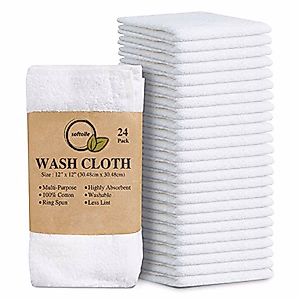 Softolle 100% Cotton Ring Spun Wash Cloths – Bulk Pack of Washcloths – 12x12 Inches – Wash Cloth for Face, Highly Absorbent, Soft and Face Towels (White, 24 Pack)