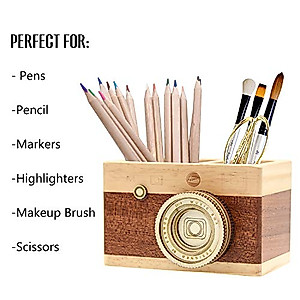 VOSTOR Zakka Camera Wooden Pencil Holder Desktop Pencil Holder Vintage Camera Decor Stationary Makeup Organizer Holder for Office Home, Back to School Gift For Photographers and Students