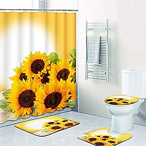 ArtSocket 4 Pcs Shower Curtain Set Sunflowers Golden Sun Sunrise Sunset Natural with Non-Slip Rugs Toilet Lid Cover and Bath Mat Bathroom Decor Set 72" x 72"