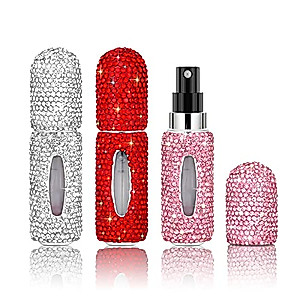 SAVORI Rhinestone Perfume Travel Refillable Perfume Atomizer Bottle Bling Portable Mini Perfume Spray Dispensers (White + Pink + Red 3 Pack)