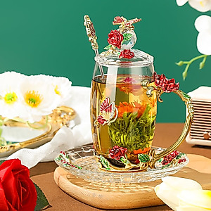 LANTREE Crystal Tea Cup Coffee Mug with Lid Saucer Spoon Birthday for Women Friends Female Grandma Mum Sister Home Decoration(Short Red)