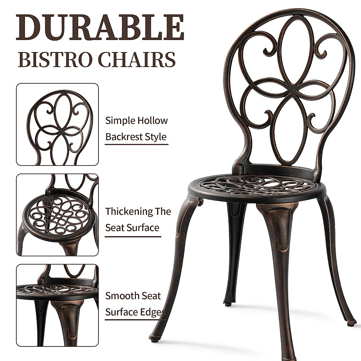 PATIO-IN Patio Bistro Sets 3 Piece, Outdoor Bistro Table and Chairs Set of 2 with Umbrella Hole, Cast Aluminum Bistro Set, Patio Furniture for Yard Garden Porch, Bronze