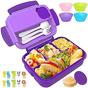 Bento Box, Lunch Box Kids, Bento Lunch Box for Kids/Toddler/Adults, 1300ML-4 Compartment Bento Box Adult Lunch Box w/Food Picks Cake Cups, Built-in Utensil Set, Leak-Proof, Food-Safe Material(Purple)