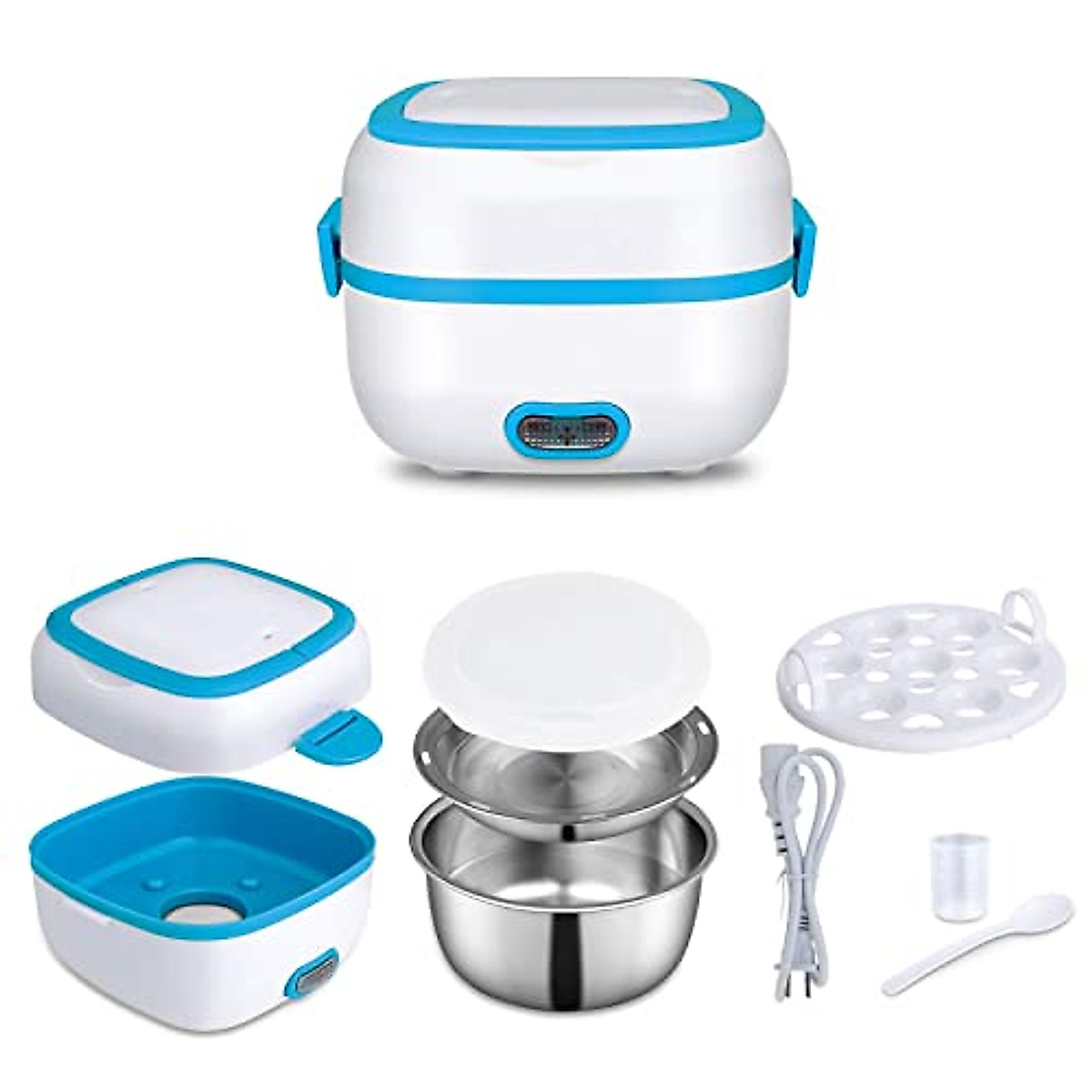 GQU Electric Lunch Box, 3 In 1 Food Heater/Cooker/Steamer with Stainless Steel Bowls, Egg Steaming Tray, Spoon, Measuring Cup for Office, School, Travel