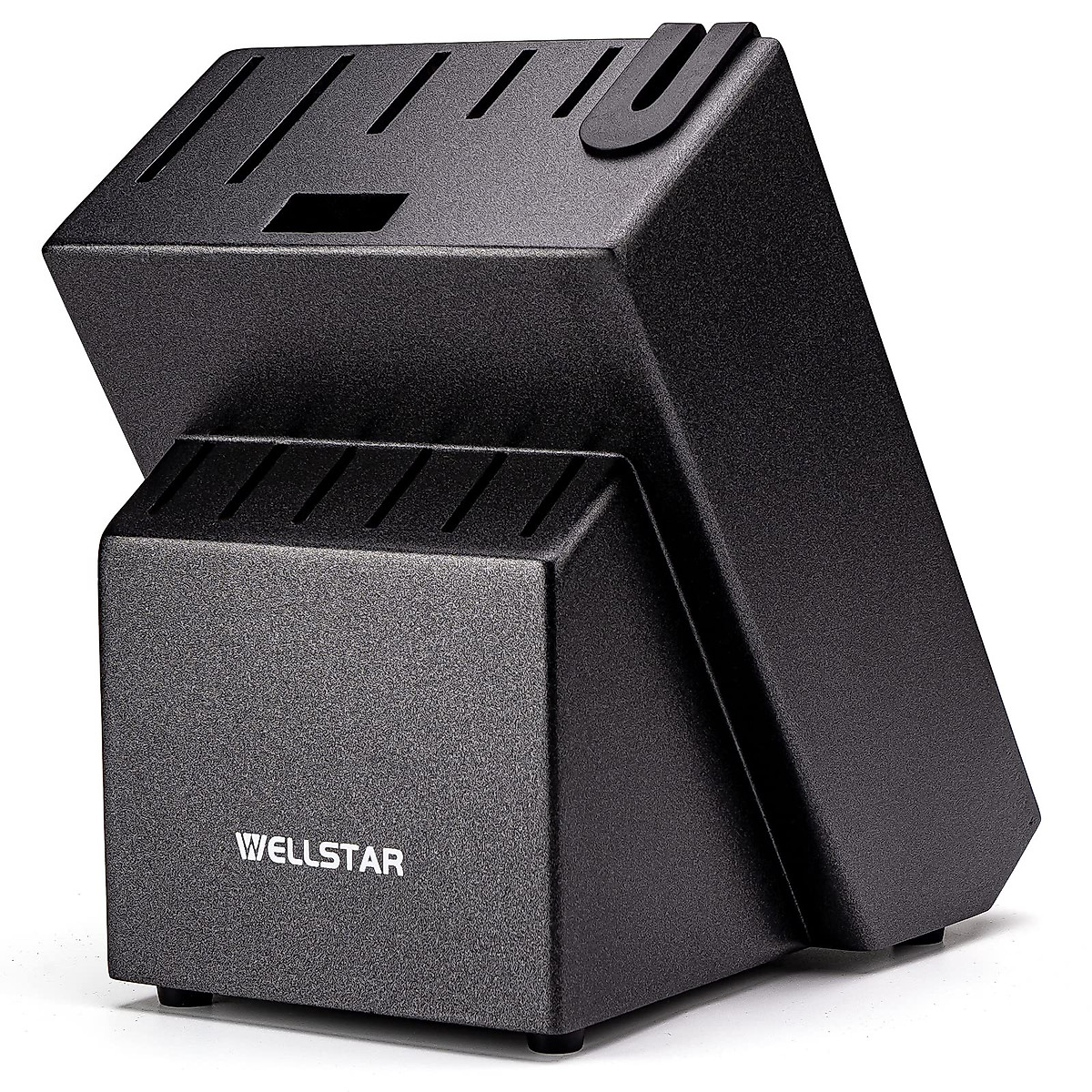 12 Slot Kitchen Knives Block, WELLSTAR Natural Wood Knife Holder without Knives – Hard Wood Countertop Knife Storage with Built-in Knife Sharpener - Black