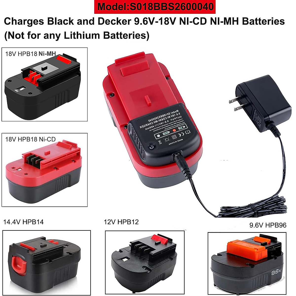 Replace for Black and Decker 18V Battery Charger 90556254-01 9.6V-18V NiCad & NiMh Battery HPB12 FS12B HPB14 FSB14 HPB18 HPB18-OPE FSB18 HPB96 FSB96