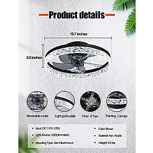 QUMFIXPU 20" Round Flush Mount Ceiling Fan with Lights, Modern Dimmable LED Low Profile Fan, Hidden Reversible Blades, Multi-Speed and Timing with Remote Control (Black)…