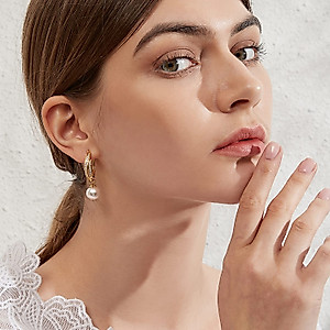 Pearl Hoop Earring Pearl Diamond Earrings Pearl Dangle Earrings Sterling Silver Pearl Earrings for Women Wedding Pearl Earring Huggies Large Gold Pearl Dangling Earring with Pearl 10MM