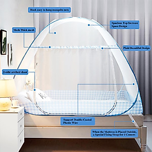 Tinyuet Mosquito Net for Bed, Portable Double Door Pop-up Mosquito Netting with Net Bottom, 59x78.7in Bed Tent for Indoor and Outdoor Use, Insect Screen - Blue Edge