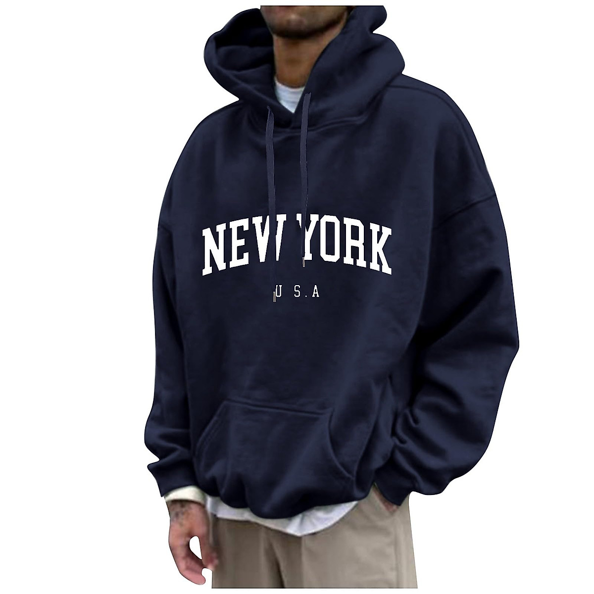 Men's Oversized Pullover Letter Print Graphic Hoodies Long Sleeve Casual New York Sweatshirt with Pocket WorkoutHoodiets For Men Hoodies Fear Of God Black Sweatshirt,(Navy,L)
