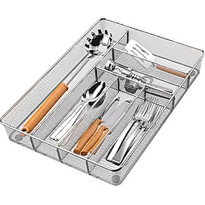 Pipishell Mesh Drawer Organizer Tray for Cutlery Silverware Flatware, 6 Compartments Kitchen Utensils Holder with Anti-slip Mats, Drawer Dividers for Knives Fork Spoon Office Supplies, Large