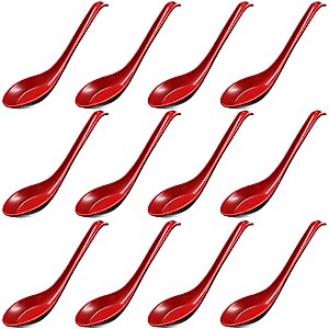 12 Pieces Asian Soup Spoons Hook Soba Noodle Soup Spoons Chinese Won Ton Soup Spoon Asian Red and Black for Home and Kitchen