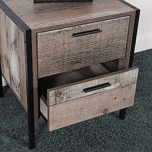 OS Home and Office Furniture Model Two Drawer Metal Frame and Legs night stand, Rustic Reclaimed Barnwood Laminate