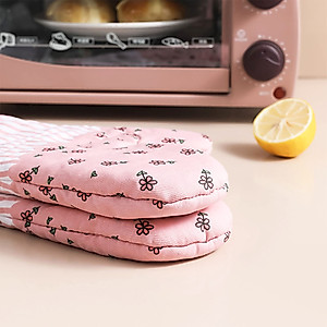 Pink Kitchen Oven Mitts, 2 Piece Set Extra Long Professional Heat Resistant Pink Kitchen Accessories Oven Gloves, 100% Cotton Material Non-Slip