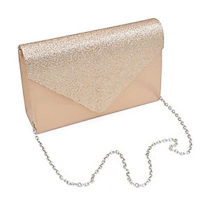 Premium Glitter Front PU Leather Envelope Flap Clutch Evening Bag, Champagne
