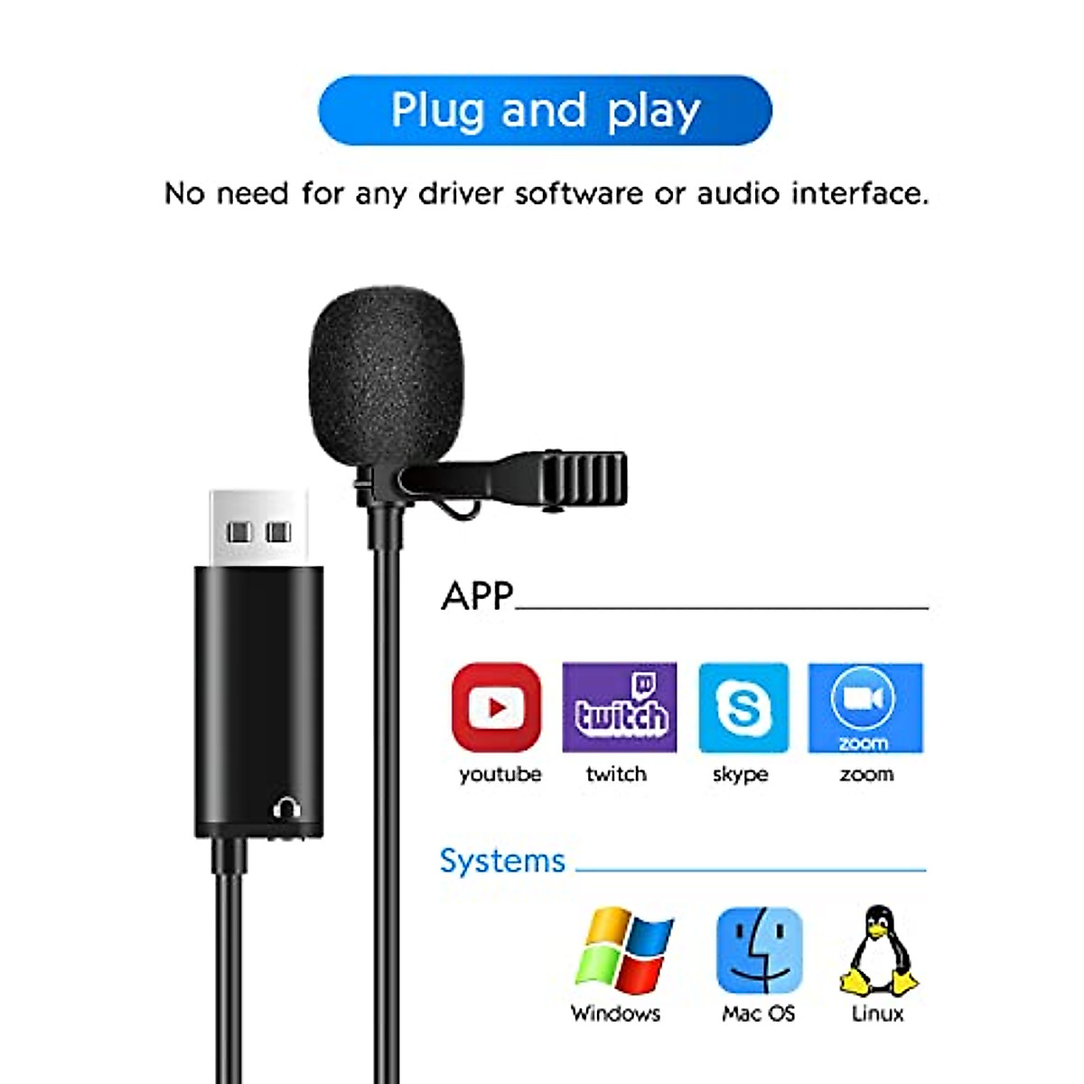 USB Lavalier Microphone, 6.6FT Onidirectional Condenser Lapel Mic with Headphones Jack for Audio Video Recording, YouTube, Interview, Tiktok, PC, Computer, Mac, Gaming, Podcasting, Live Streaming
