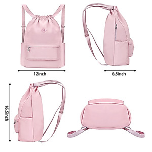 BAVELOE Drawstring Backpack with Wet Pocket Gym Backpack Water-Resistant Cinch String Bag Beach Swim for Women Men（Pink）