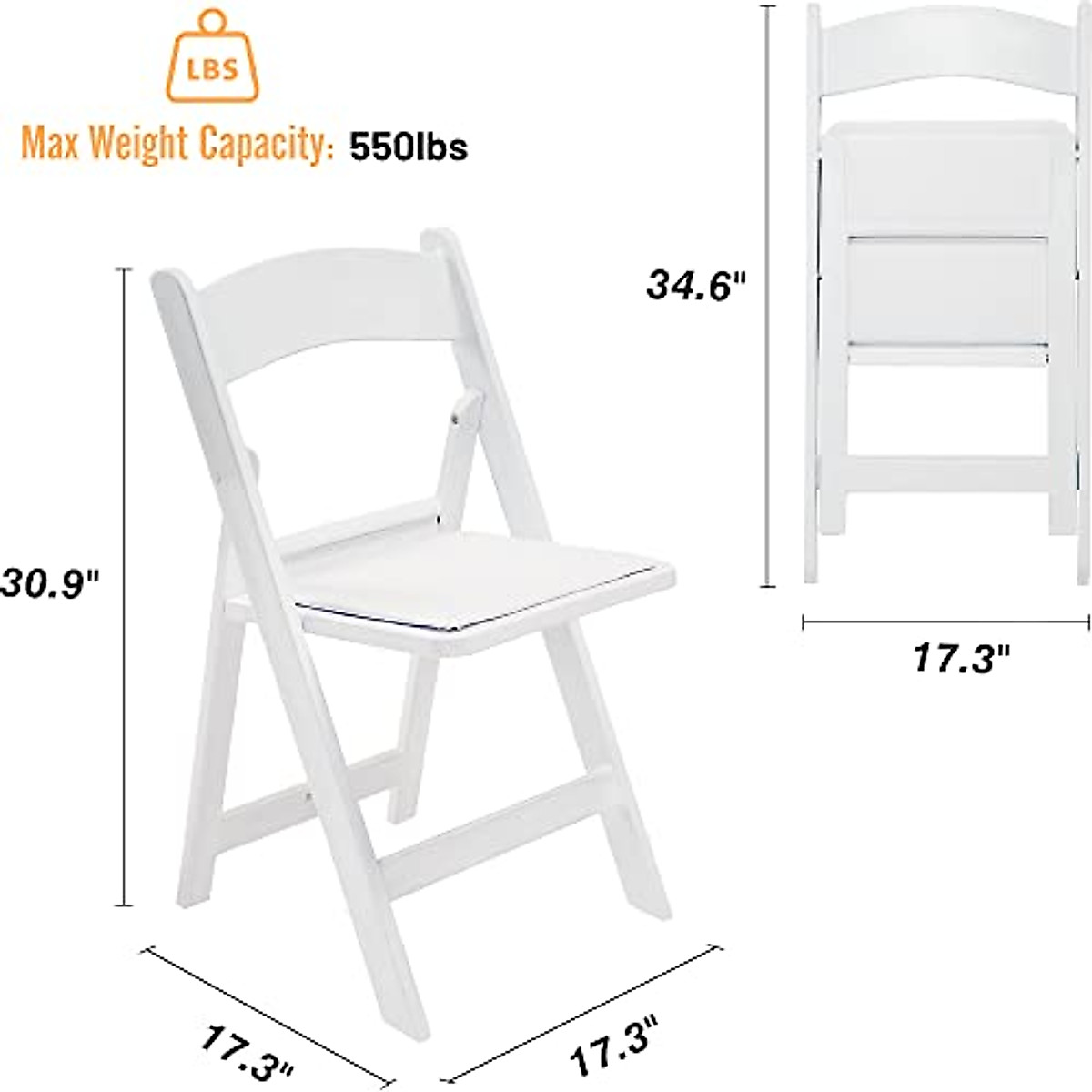 Allpop Resin Folding Chair with Vinyl Padded Seat, 550LB Capacity, Commercial Chair Set for Party Wedding Picnic Events, White